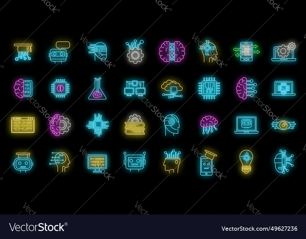Science machine learning icons set neon Royalty Free Vector