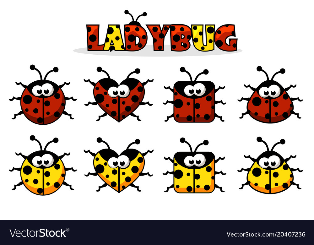 Set artoon red and yellow different shapes ladybug