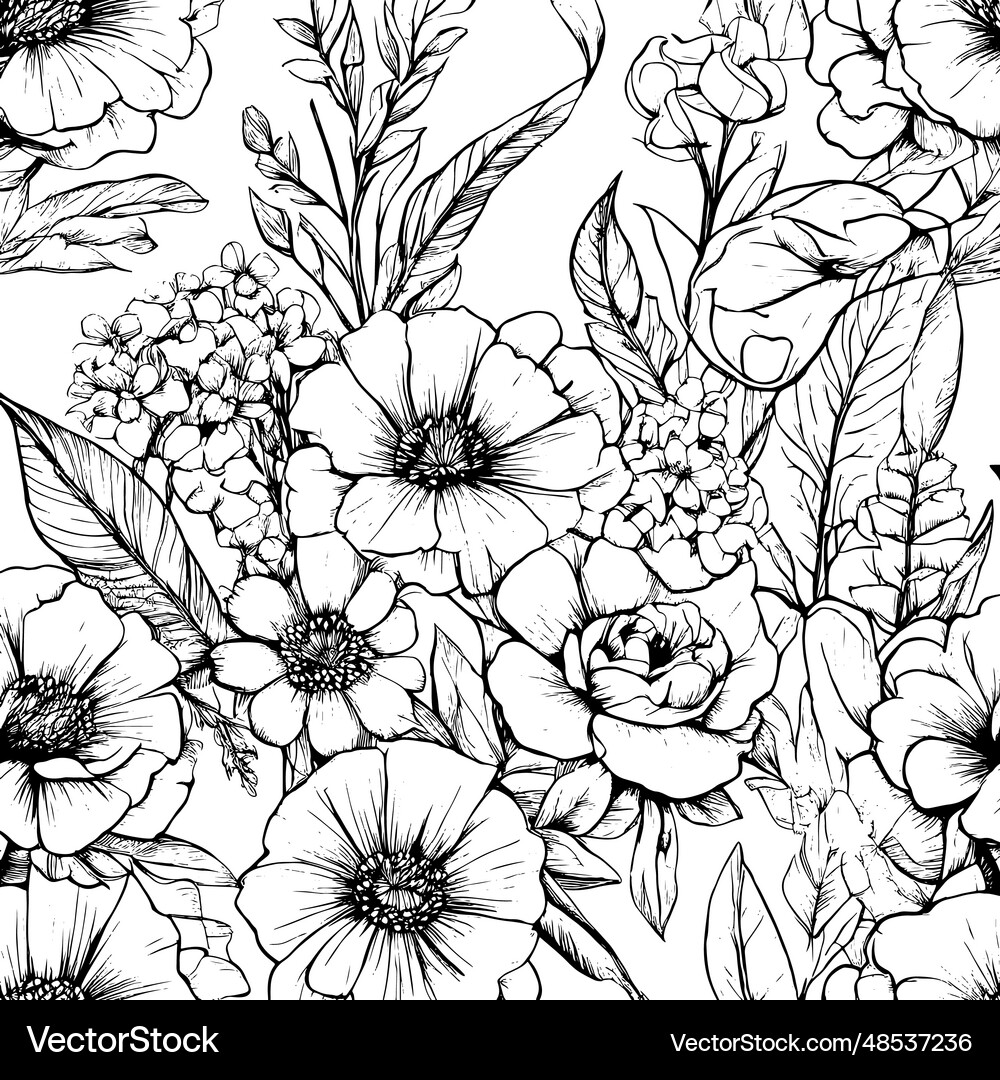 Sketch flowers pattern hand drawn ink Royalty Free Vector