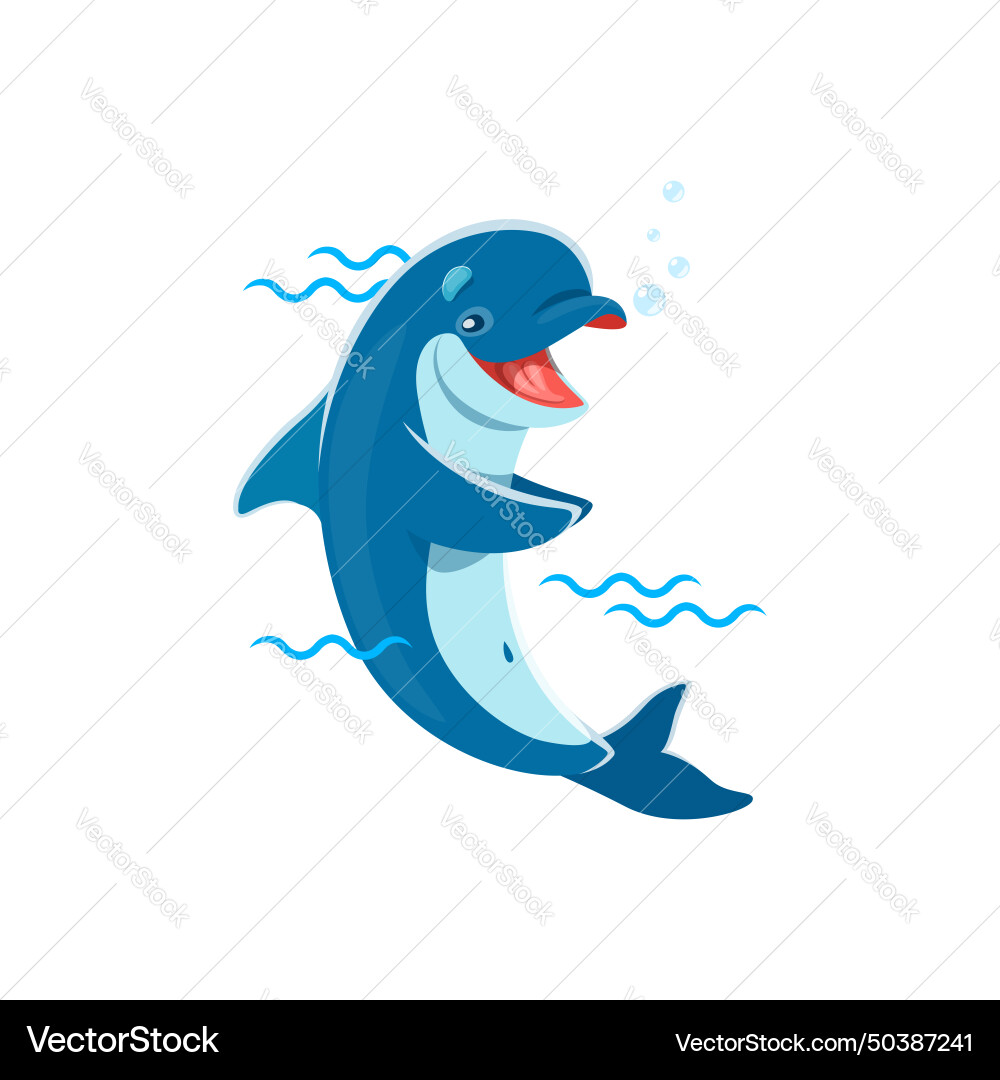 Cartoon dolphin character playing in blue waves Vector Image