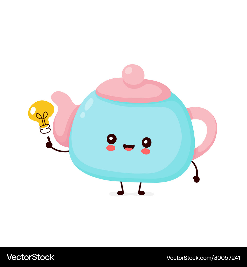 Cute happy smiling teapot with light bulb Vector Image