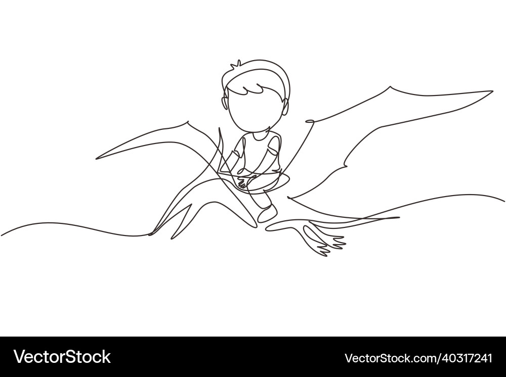Single continuous line drawing boy riding flying Vector Image