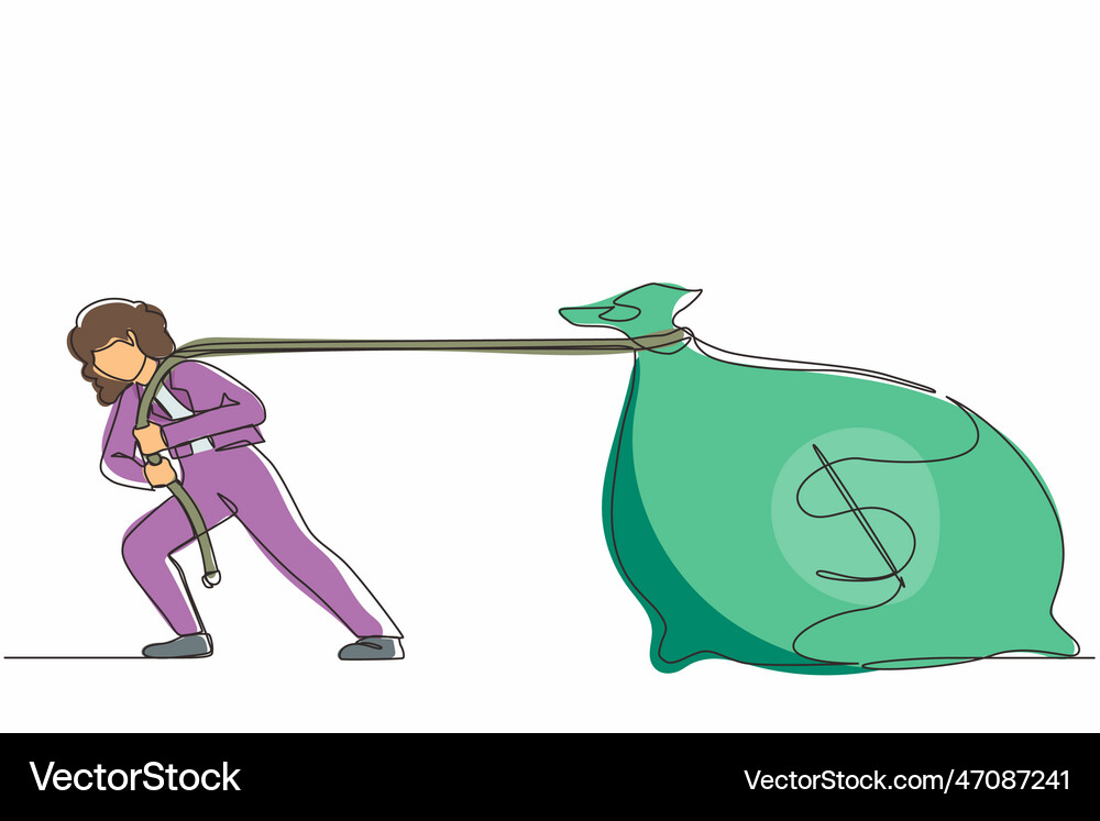Single one line drawing businesswoman pulling big Vector Image