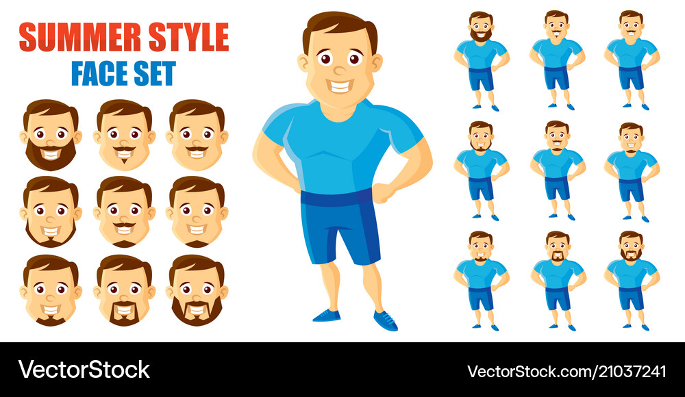 Summer style man face set cartoon character Vector Image