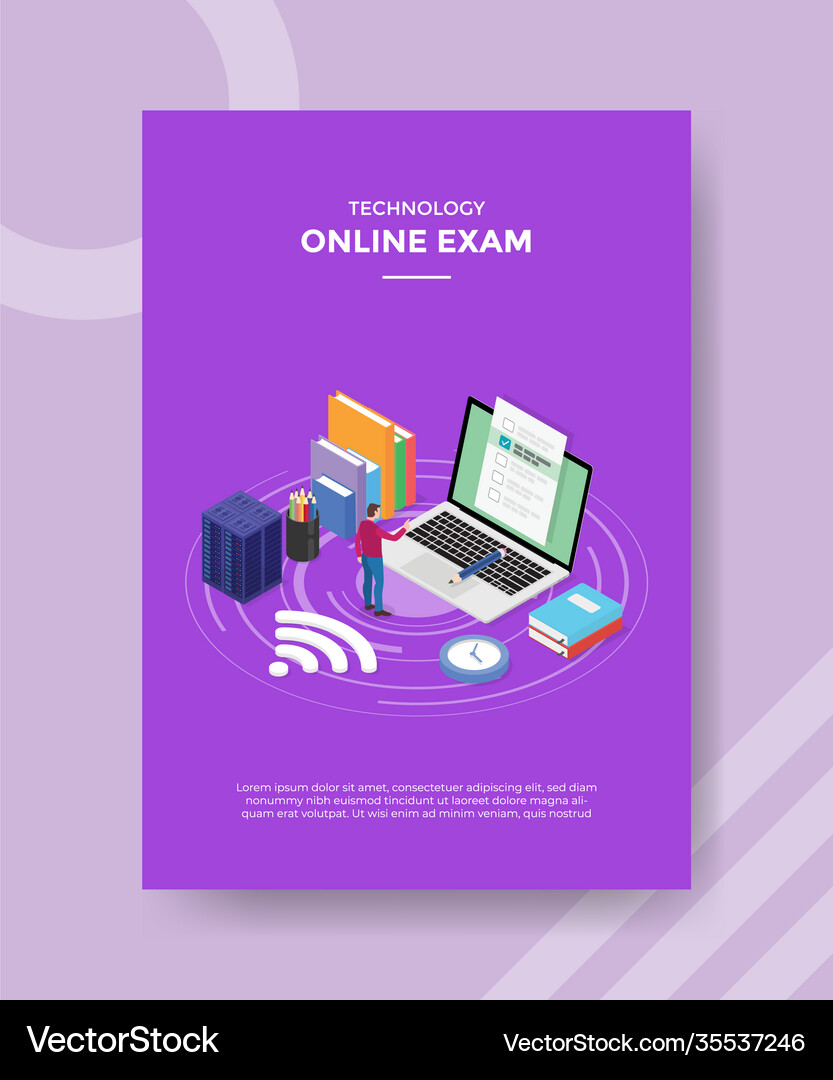 Online exam concept men standing front big laptop Vector Image