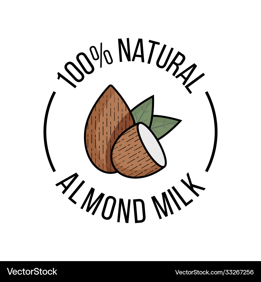 Almond milk flat nuts with green leaves Royalty Free Vector