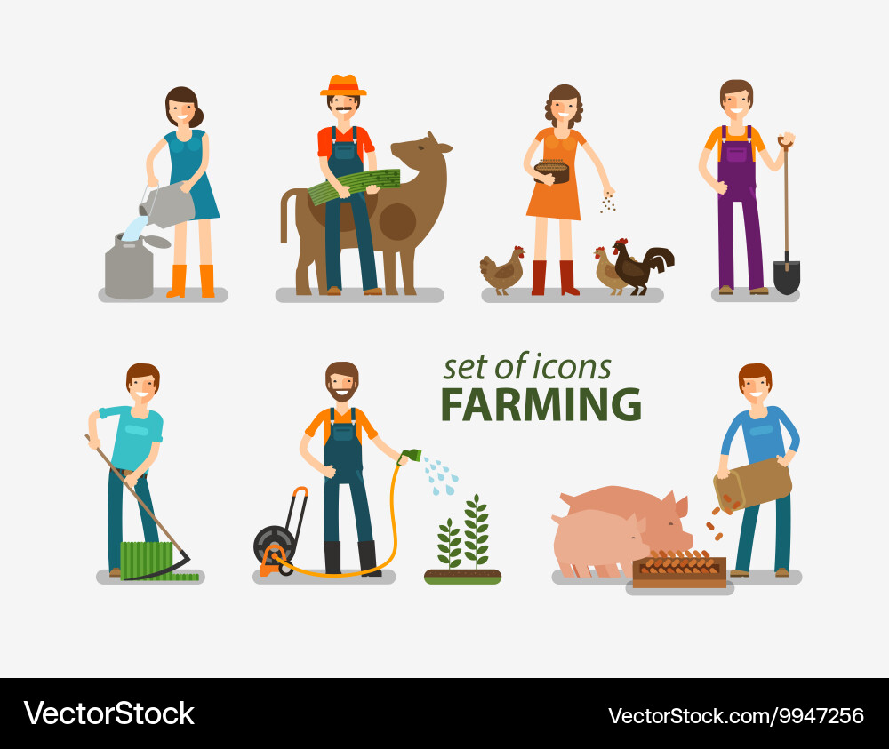 Farming and cattle breeding set icons people Vector Image