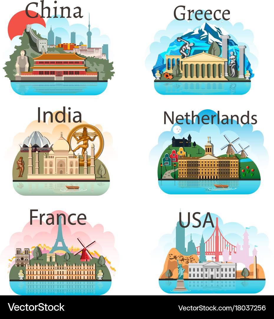 Set of countries with attractions Royalty Free Vector Image