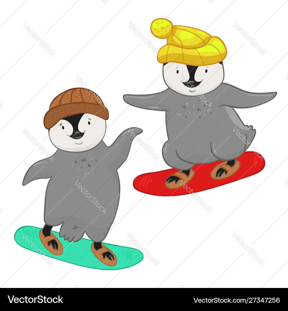 Two penguins on snowboards isolated on white Vector Image
