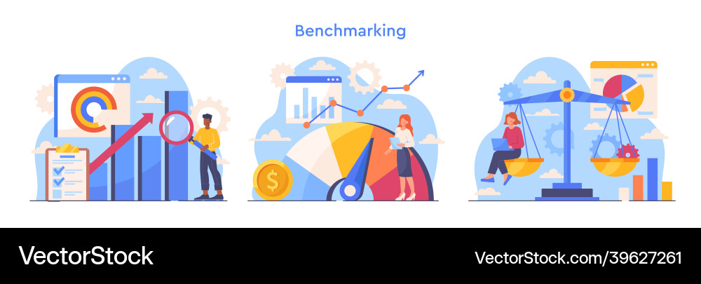 Colorful set with scenes of benchmarking process Vector Image