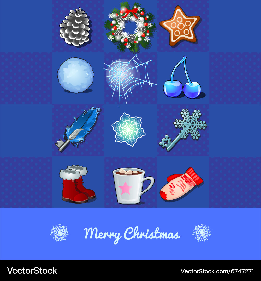Christmas set of objects 12 icons Royalty Free Vector Image