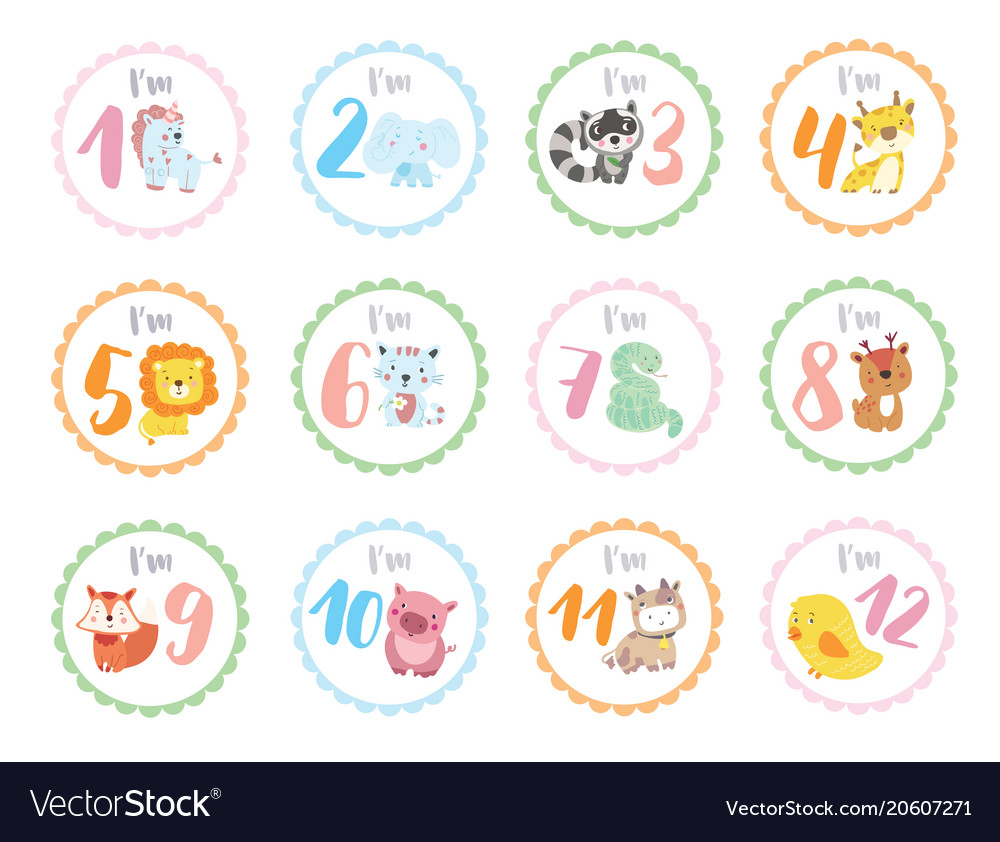 Cute birthday stickers with animals for babies Vector Image