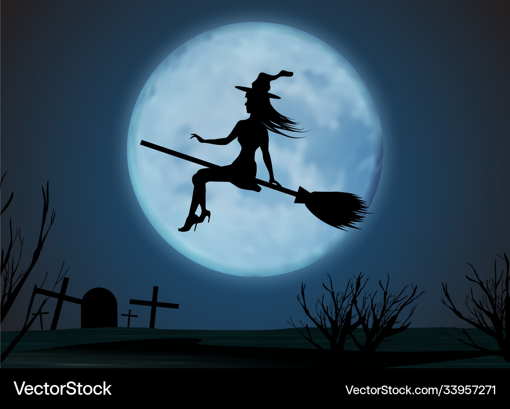 Halloween background young witch flying Royalty Free Vector