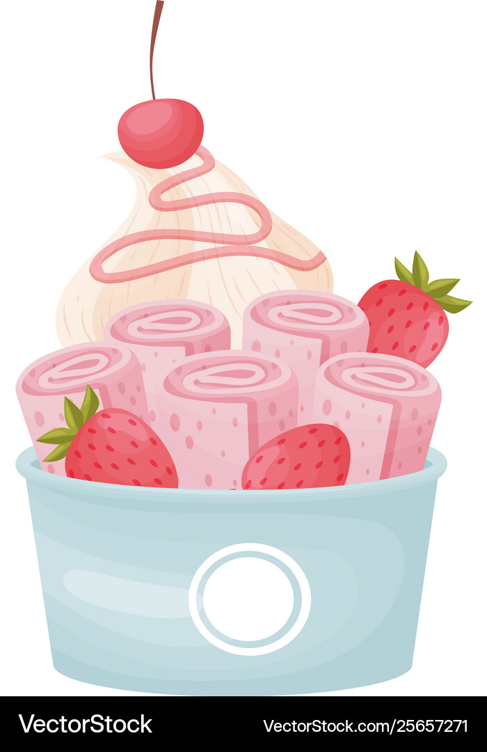 Pink rolls ice cream with whipped cream Royalty Free Vector