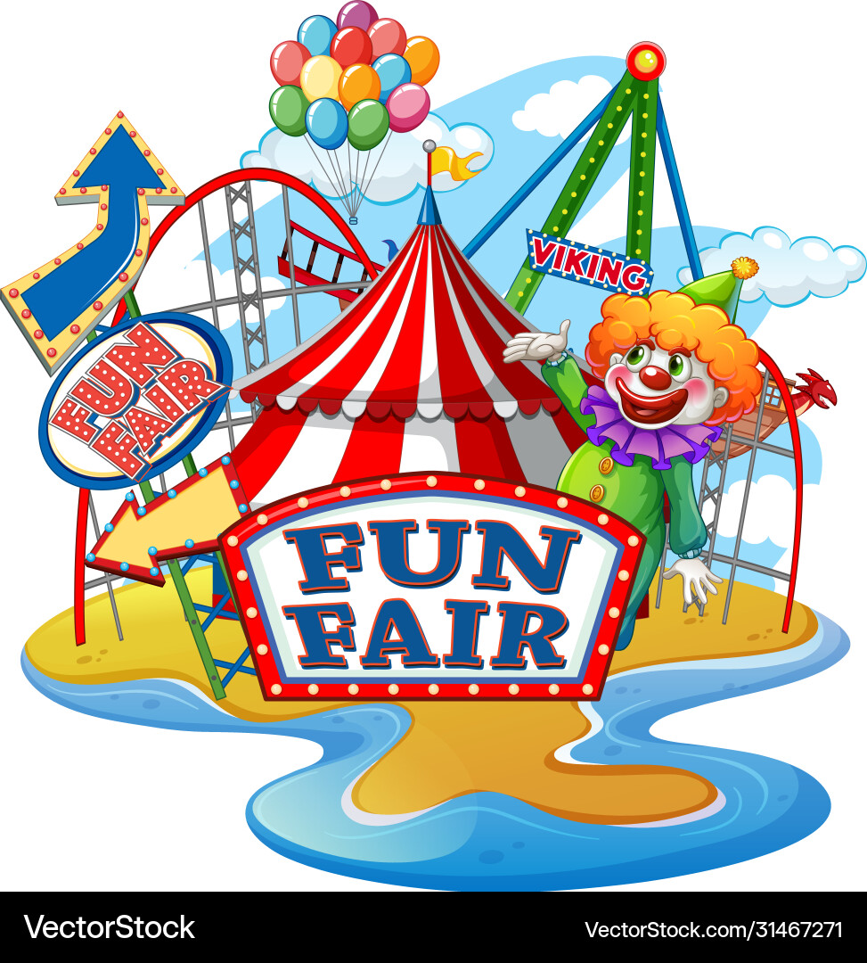 Scene with happy clown at fun fair on white Vector Image