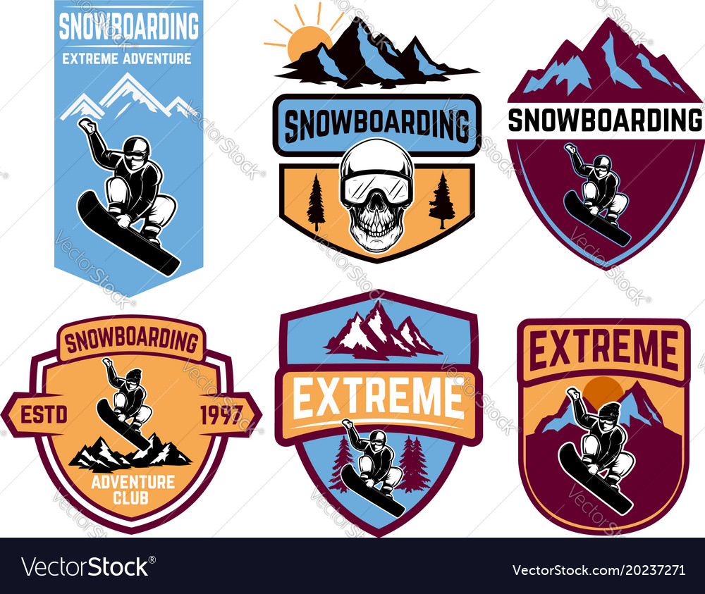 Set snowboarding emblems design element Royalty Free Vector