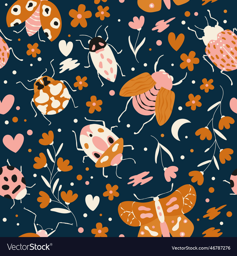 Seamless pattern with cute bugs beetles moth Vector Image