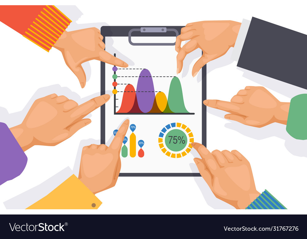 Teamwork table elements employee hand on graph Vector Image