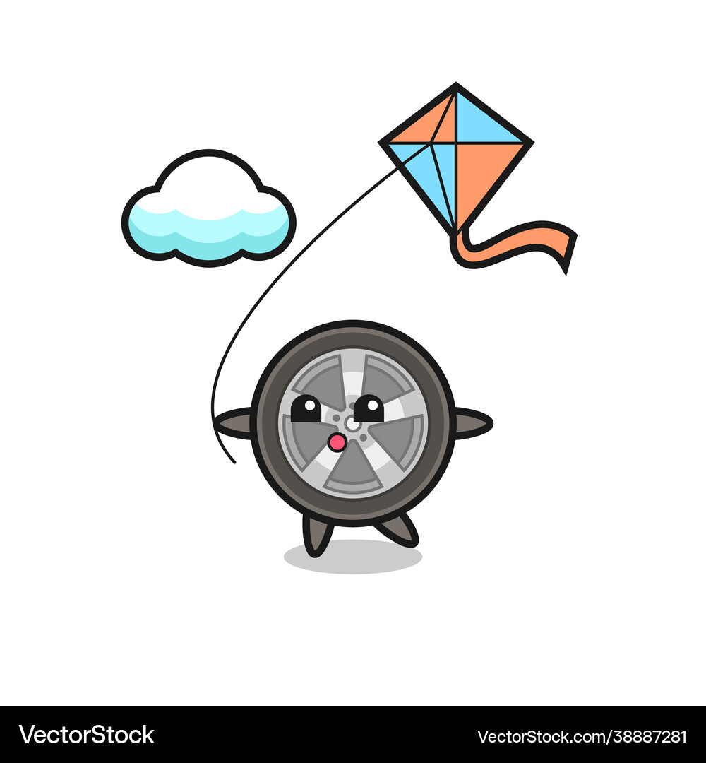 Car wheel mascot is playing kite Royalty Free Vector Image