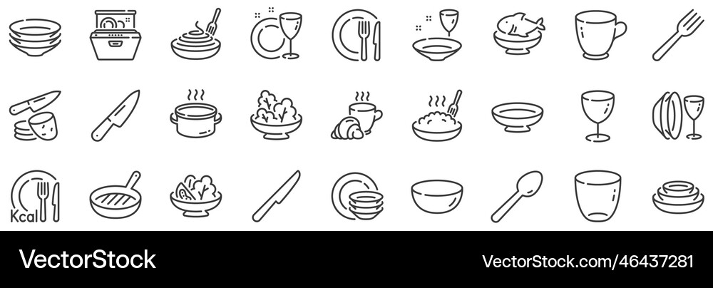 Tableware line icons dish plate food bowl Vector Image