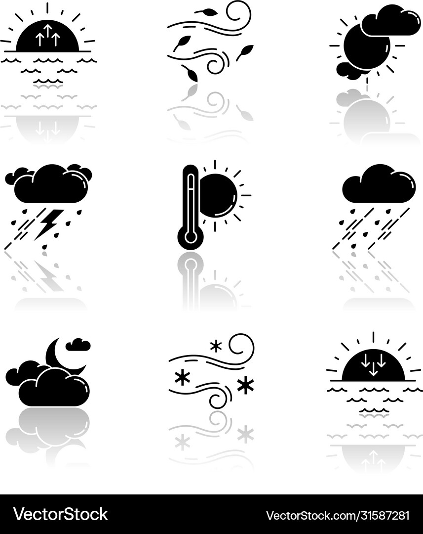 Weather forecast drop shadow black glyph icons set