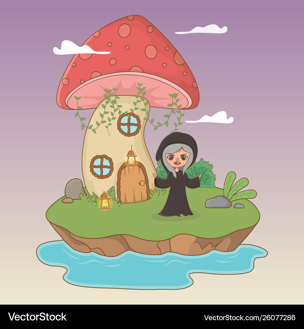 Fairytale landscape scene with witch Royalty Free Vector