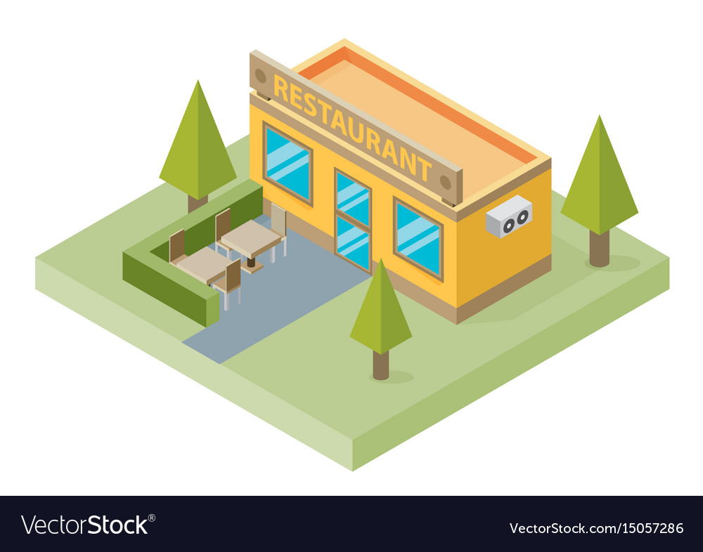 Flat isometric restaurant building with tables Vector Image