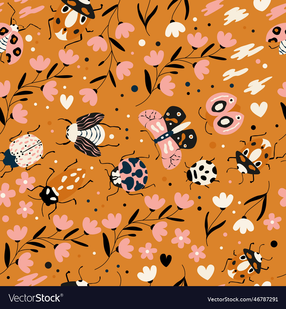 Seamless pattern with cute bugs beetles moth Vector Image