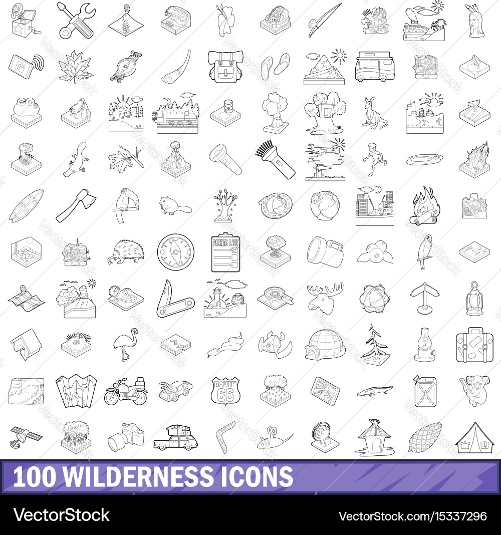 100 wilderness icons set outline style Royalty Free Vector