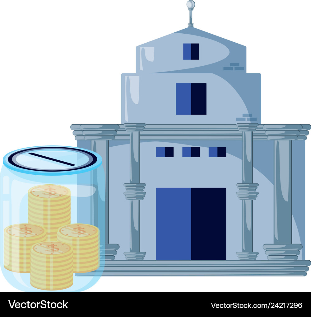 Bank building with coins in saving jar Royalty Free Vector