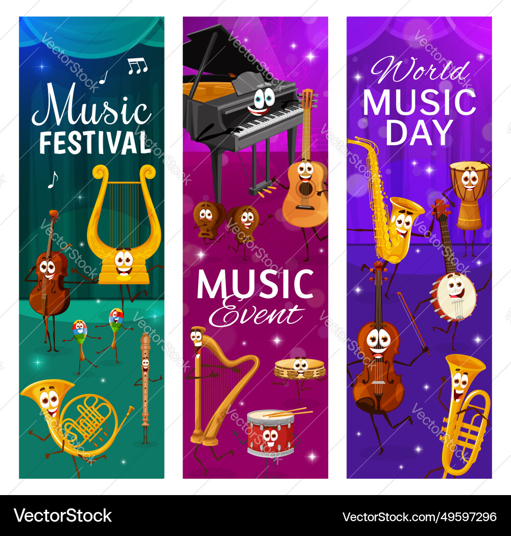 Cartoon musical instruments characters on stage Vector Image