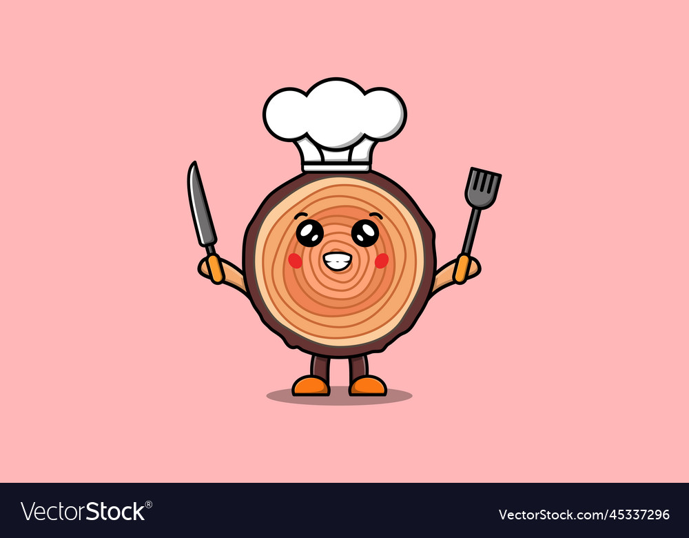 Cute cartoon wood trunk chef hold knife and fork Vector Image Cute cartoon wood trunk chef hold knife and fork Vector Image