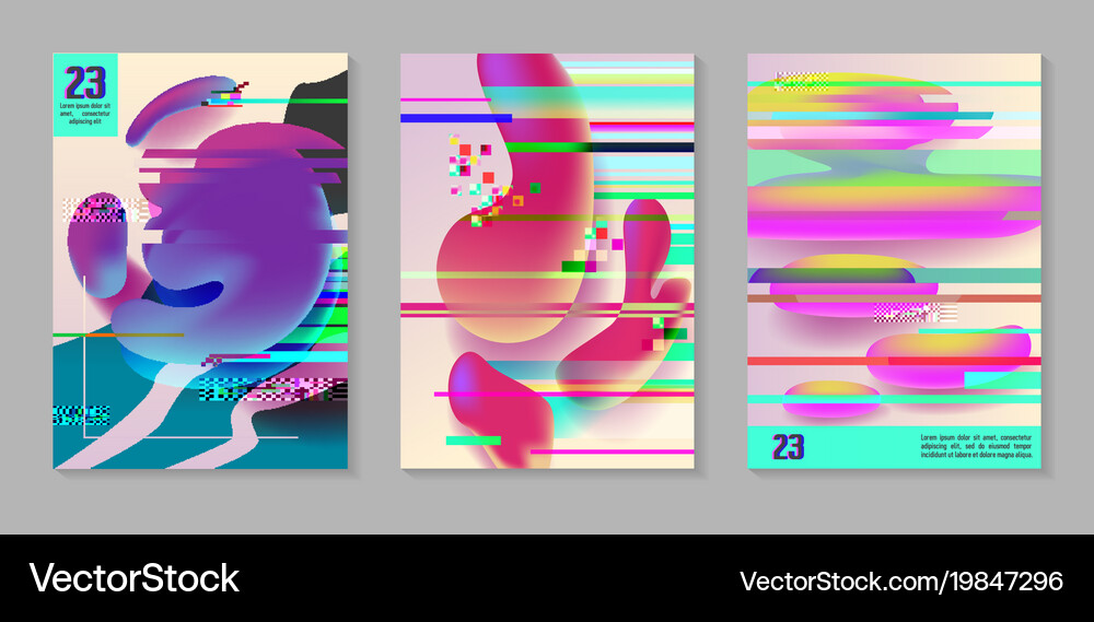 Poster covers with glitch effect and fluid shapes Vector Image