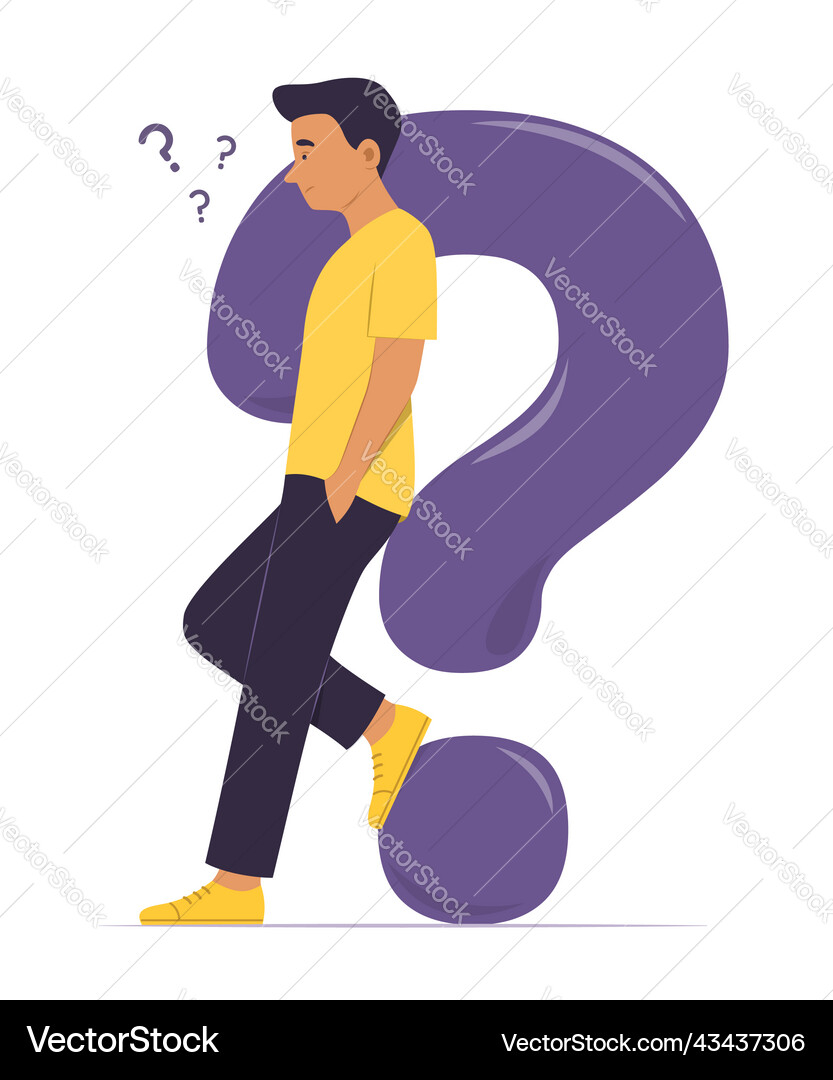 Man leaning against big question mark and thinking