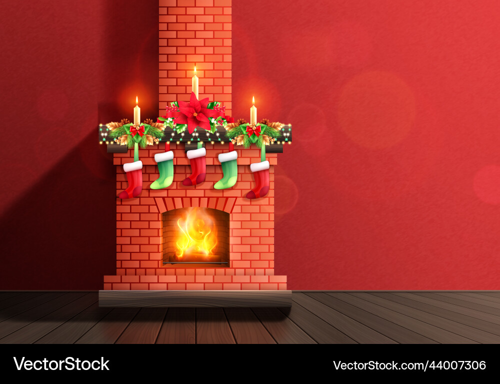 Realistic christmas fireplace composition Vector Image