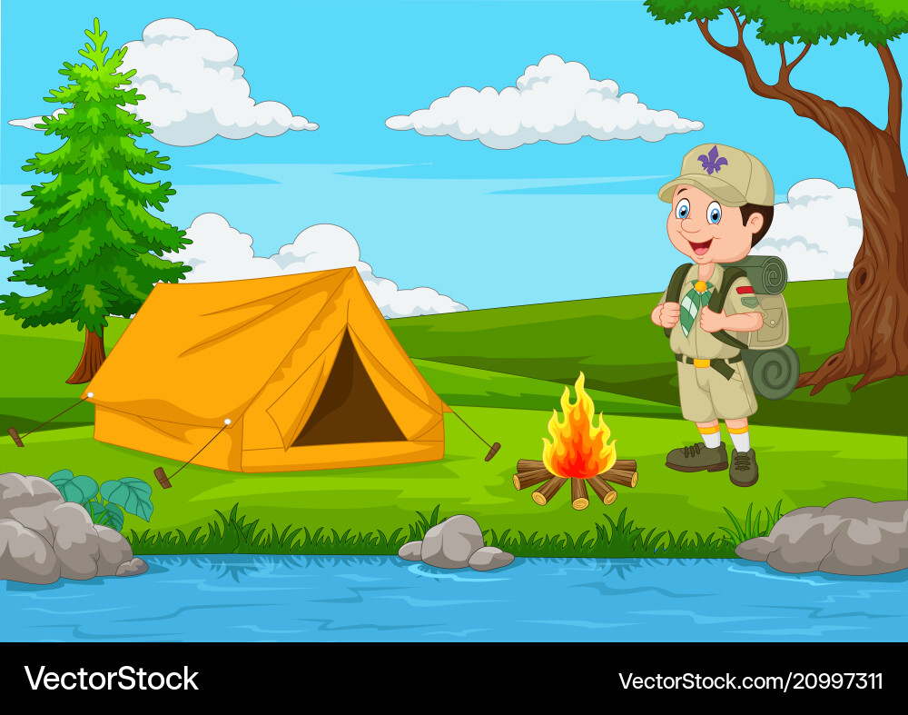 Cartoon scout with tent and fire Royalty Free Vector Image