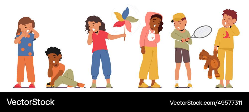 Exhausted sleepy children characters with drooping