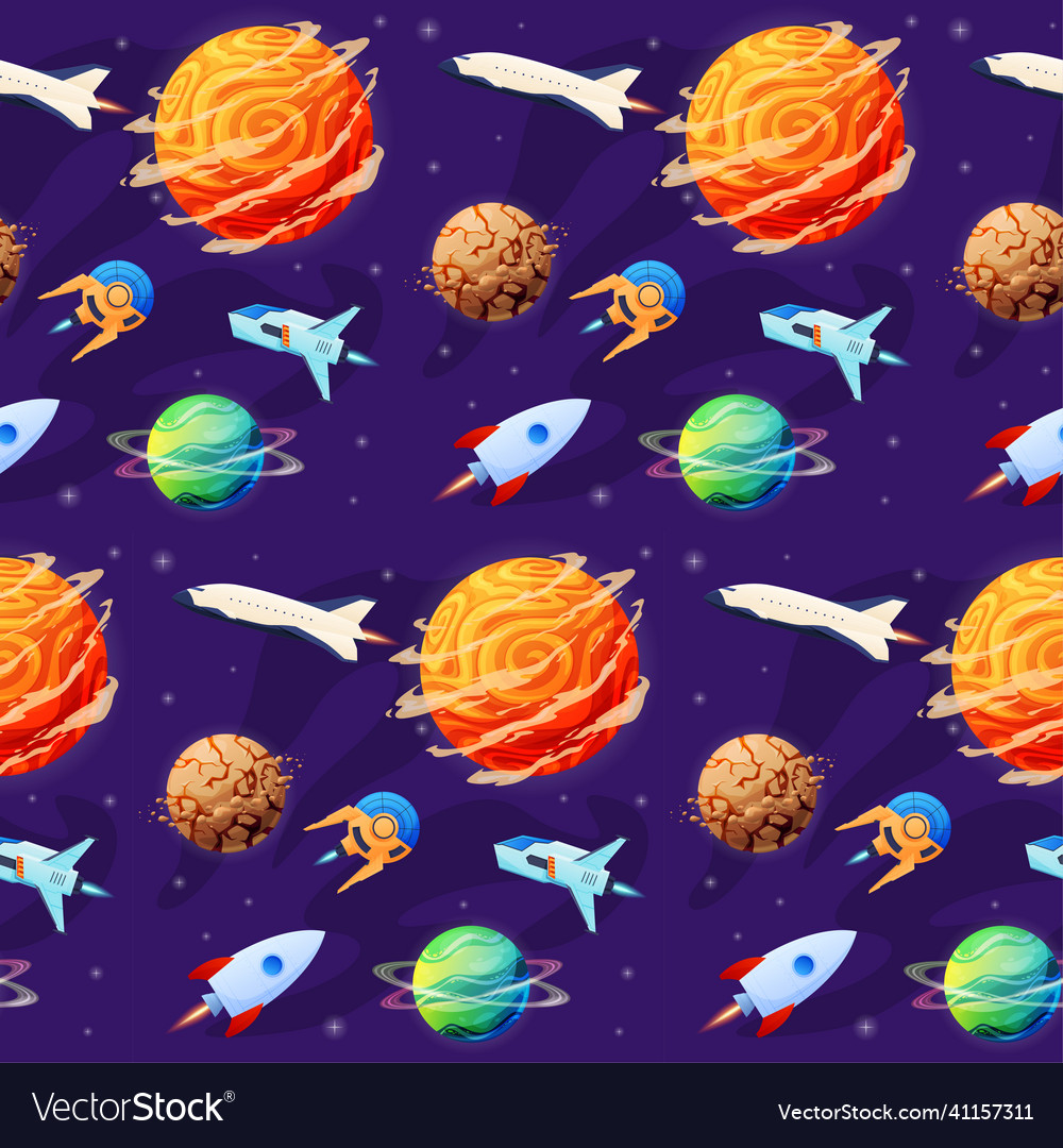 Spaceship and planets seamless pattern Royalty Free Vector