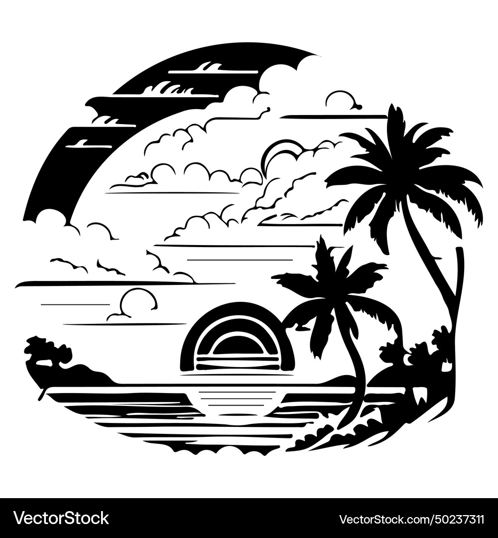 Summer beach sunset palm trees sketch hand draw Vector Image