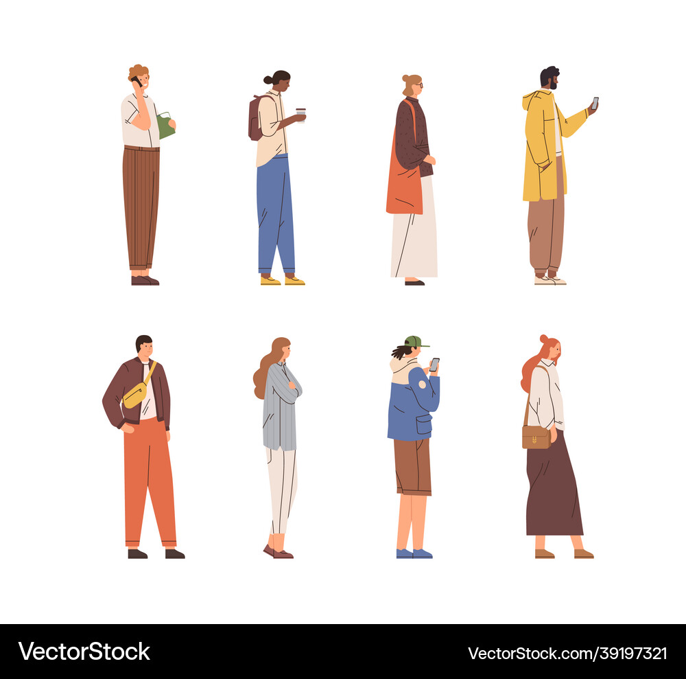 Set of people standing and walking with mobile Vector Image