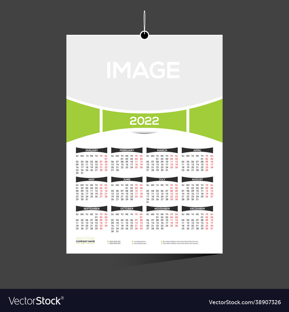Green colored 12 month 2022 calendar design Vector Image