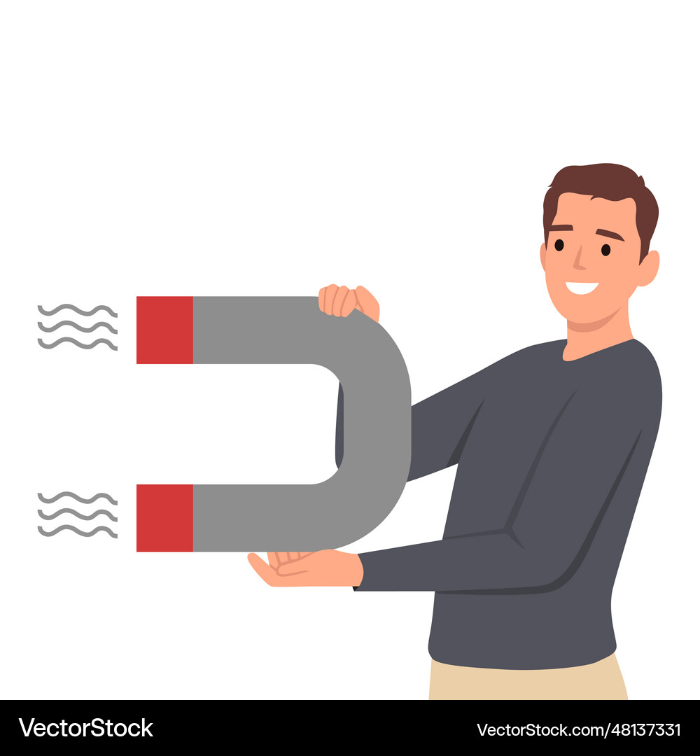 Cheerful businessman holds big magnet Royalty Free Vector