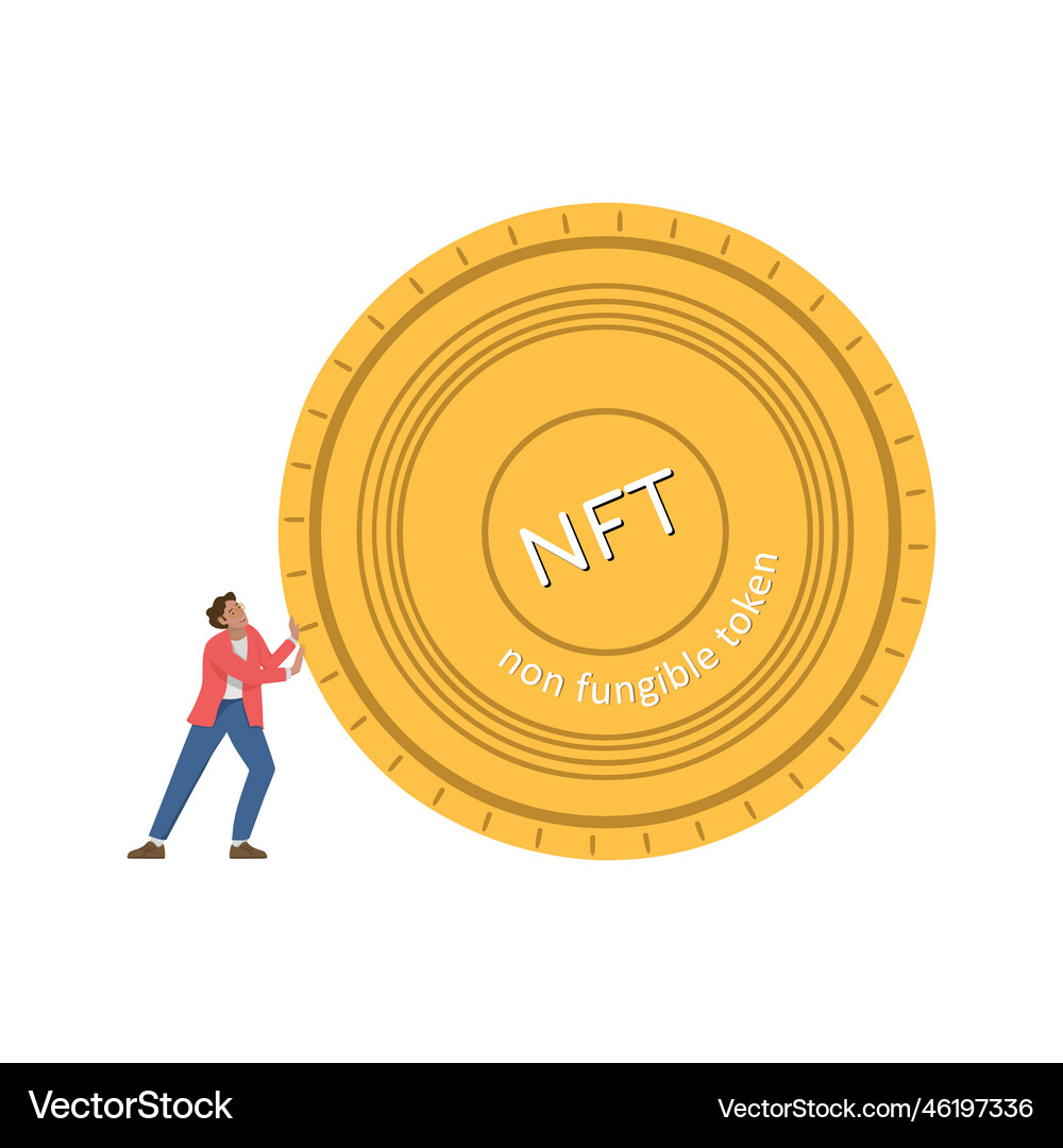 Man rolls nft coin with difficulty non-fungible Vector Image