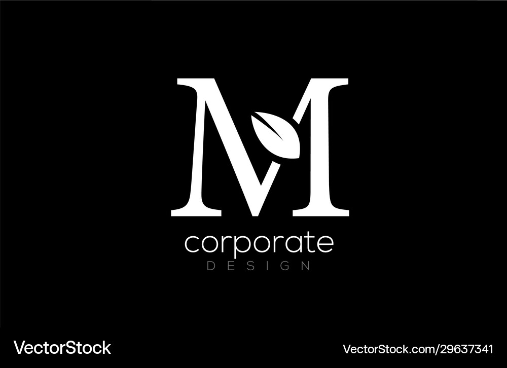 Black and white m letter alphabet leaf logo icon Vector Image