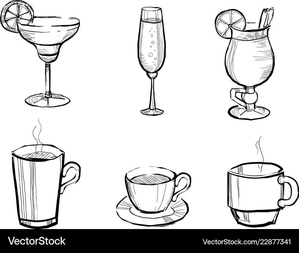 Collection of beverages and hot drinks hand drawn Vector Image