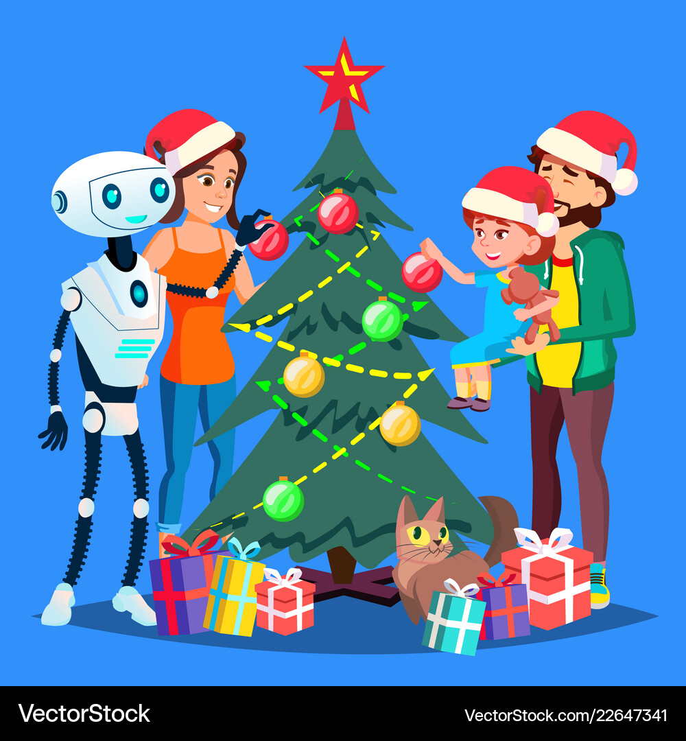 Robot helps to decorate christmas tree for happy Vector Image