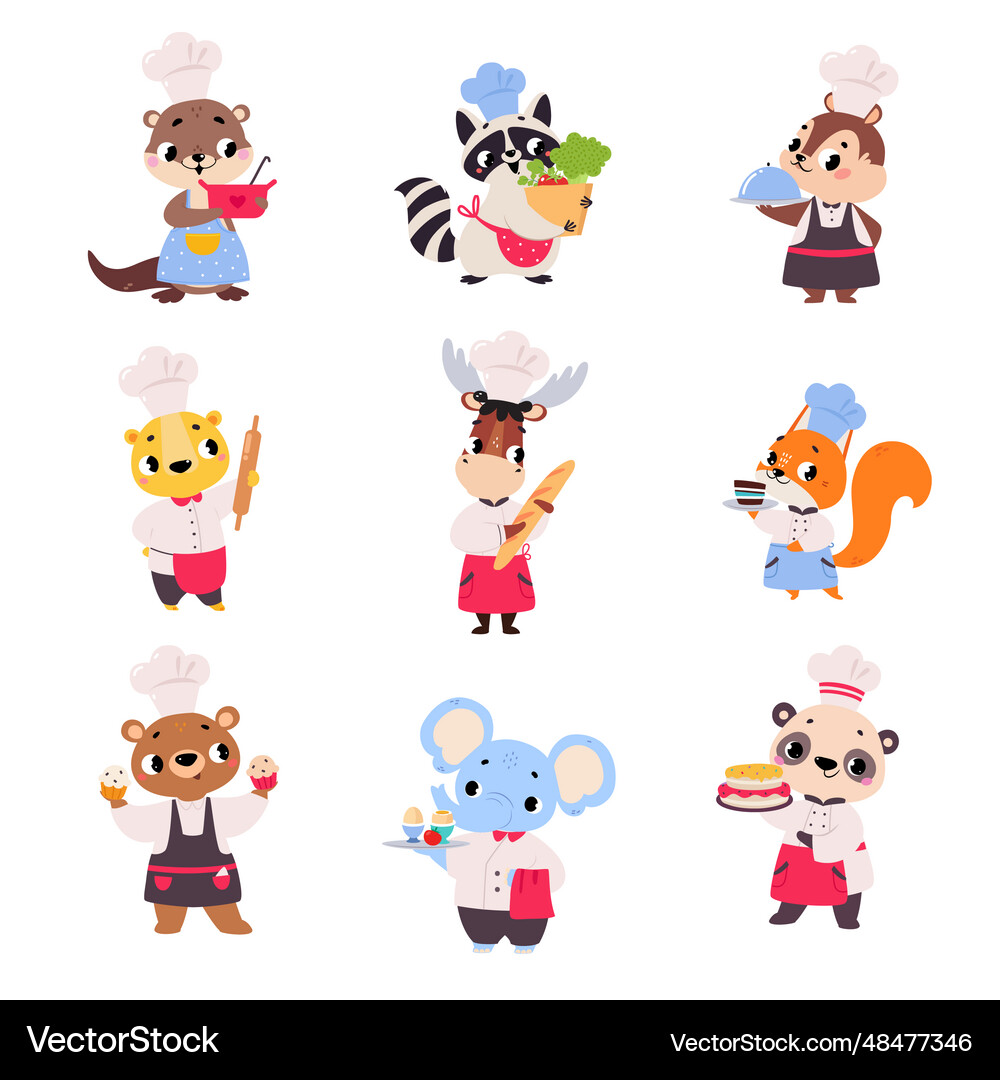 Cute animals chef character in uniform cooking Vector Image