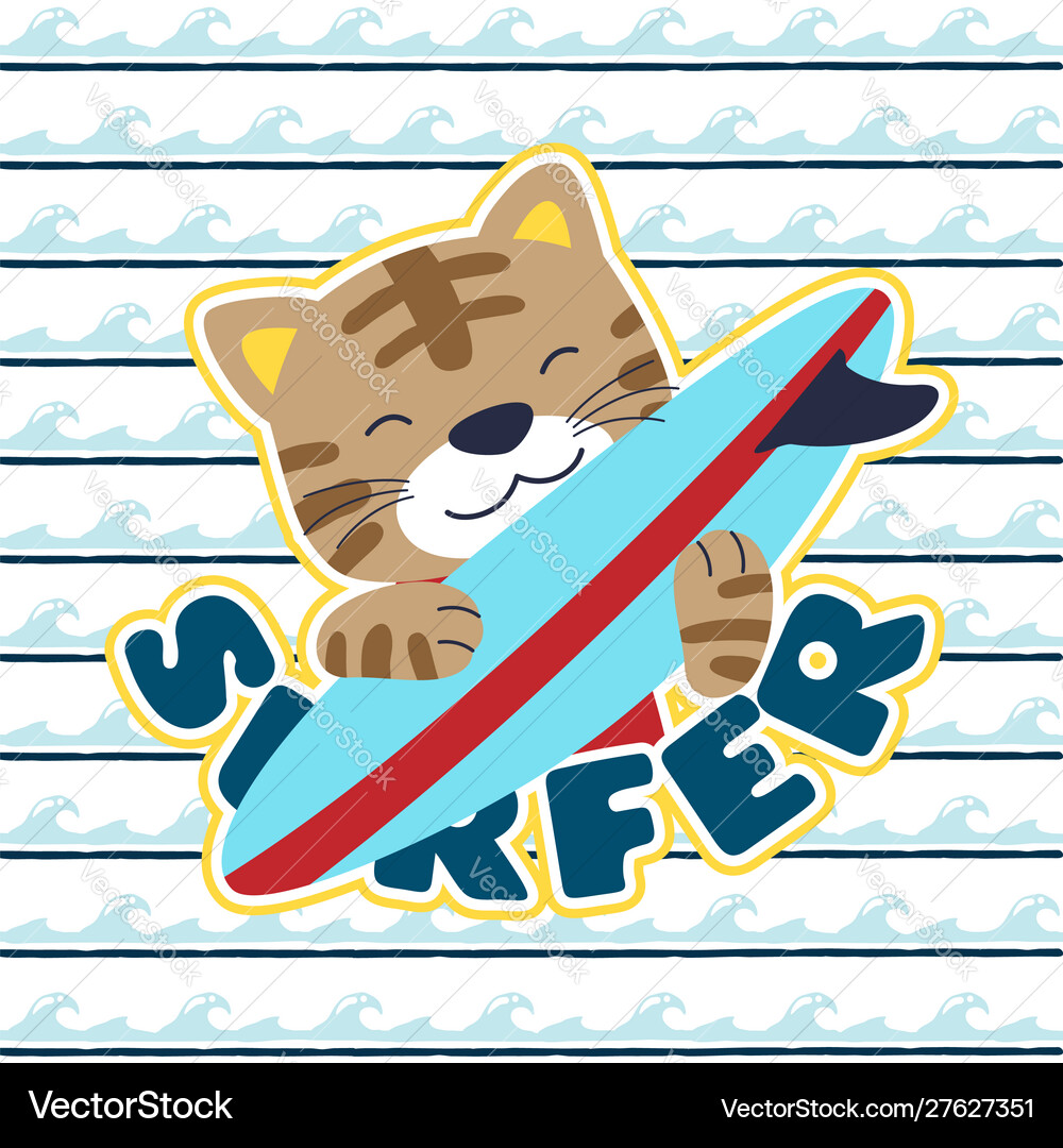 Cat cute surfer cartoon on wave background Vector Image