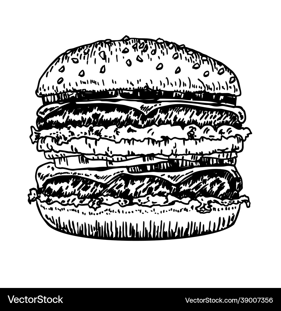 Big burger hamburger hand drawing Royalty Free Vector Image