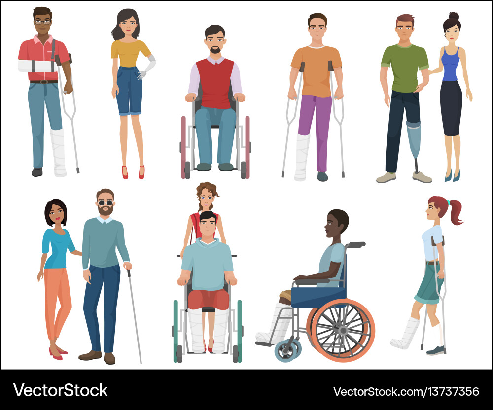 Disabled people with friends helping them set Vector Image